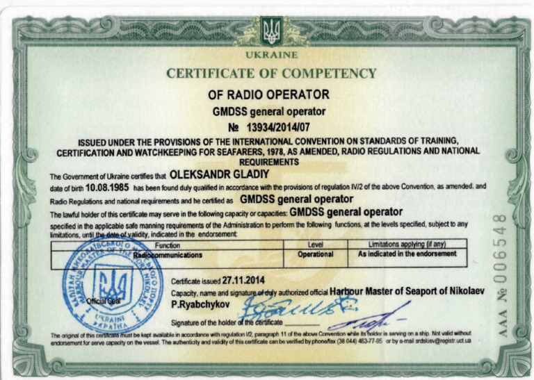 Radio Operator Certificate of Competency (Back) | PDF