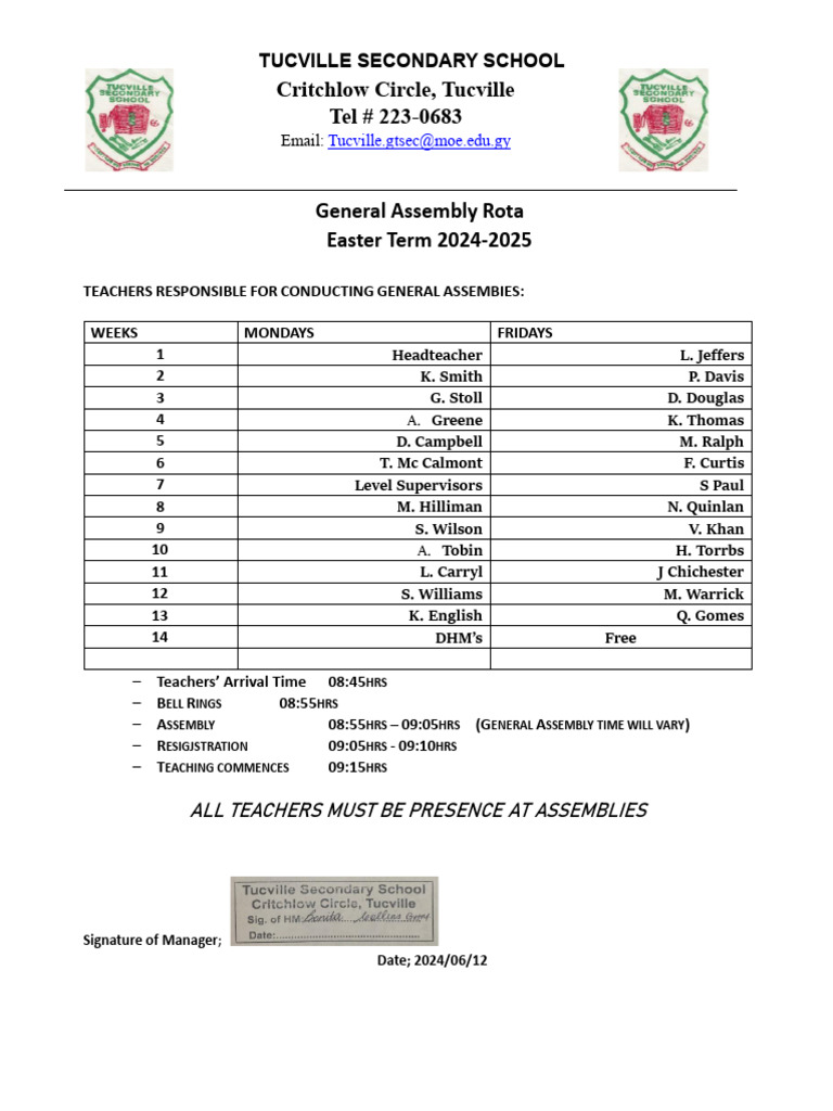 Tucville Secondary School Assembly Schedule | PDF