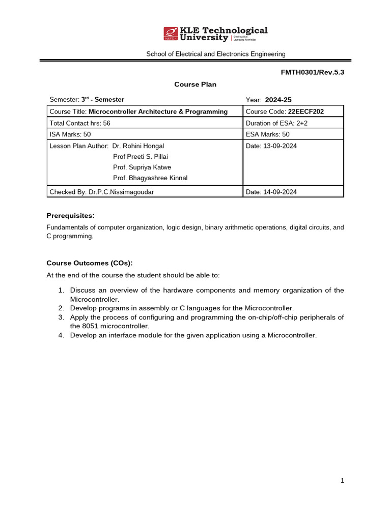 22EECF202 Microcontroller Architecture and Programming 2024 25 ODD Final V1 | PDF ...