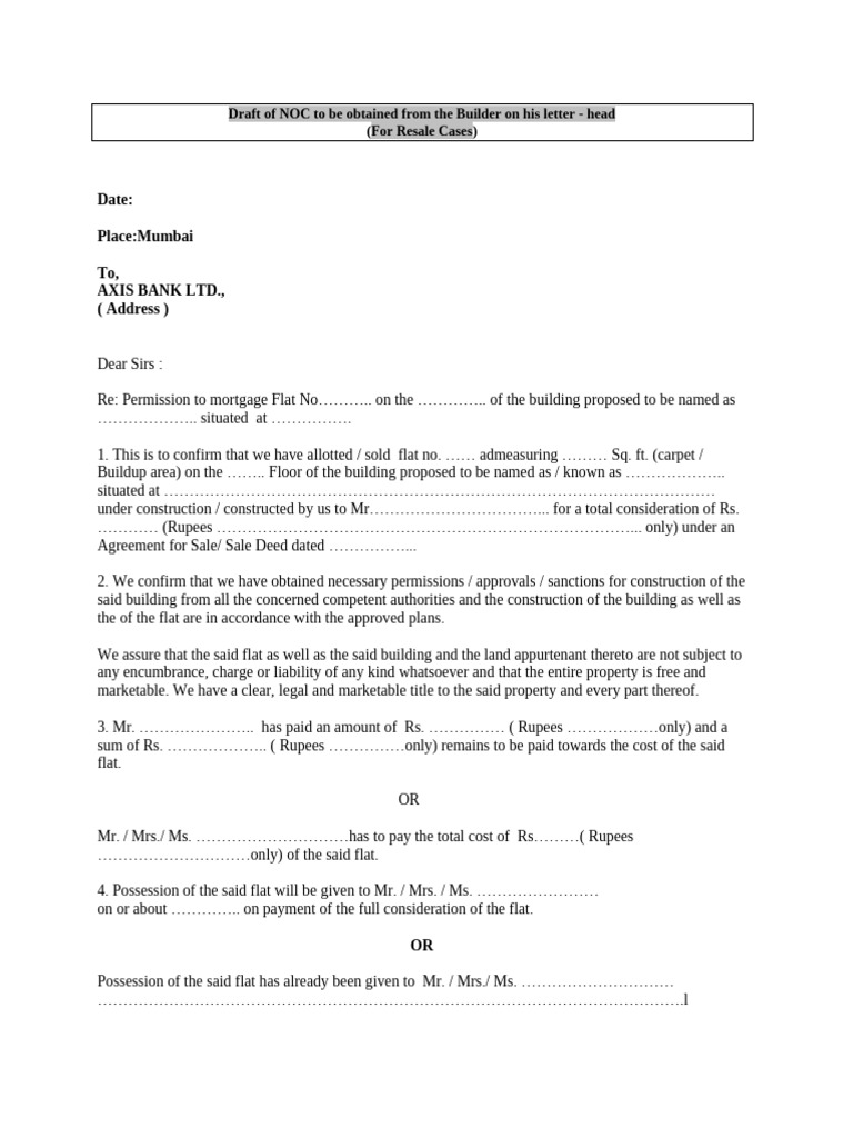 NOC Template for Flat Mortgage Approval | PDF | Business Law | Common Law