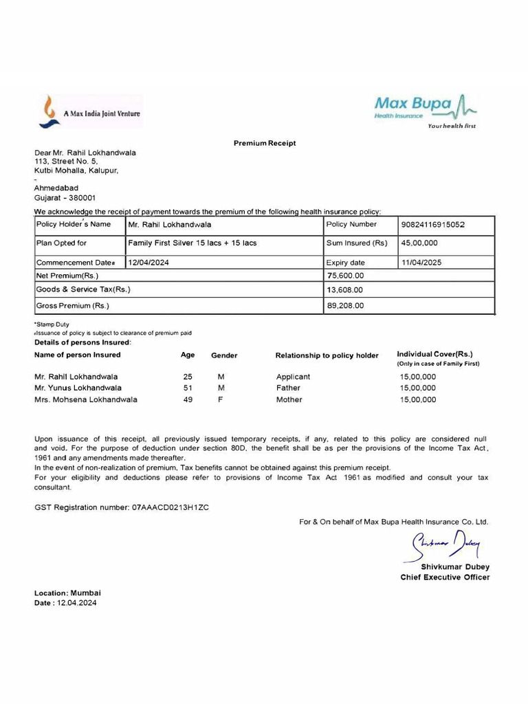 Health Insurance Premium Receipt Details | PDF | Taxes | Public Finance