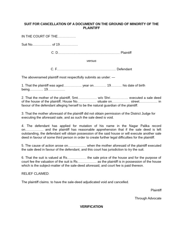 Suit For Cancellation Of A Document On The Ground Of Minority Of The Plaintiff Pdf Lawsuit