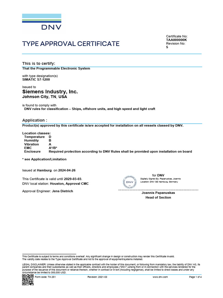 DNV Type Approval: SIMATIC S7-1200 | PDF | Central Processing Unit ...