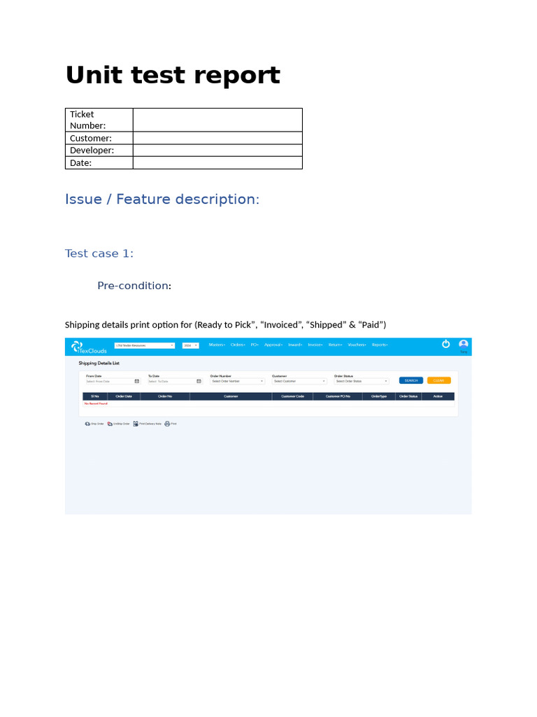 Unit Test Report for Shipping Print Option | PDF