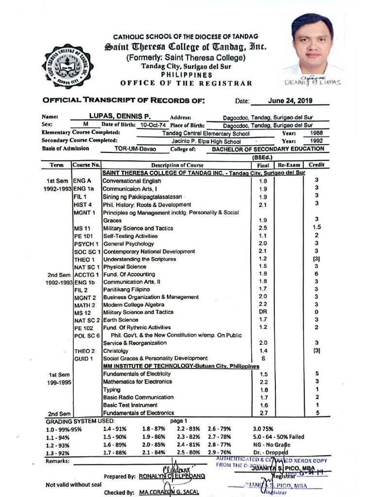 Bachelor of Secondary Education - TOR - Dennis Lupas | PDF
