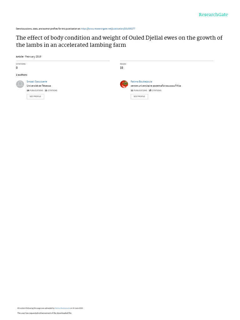 The Effect of Body Condition and Weight of Ouled Djellal Ewes On The ...