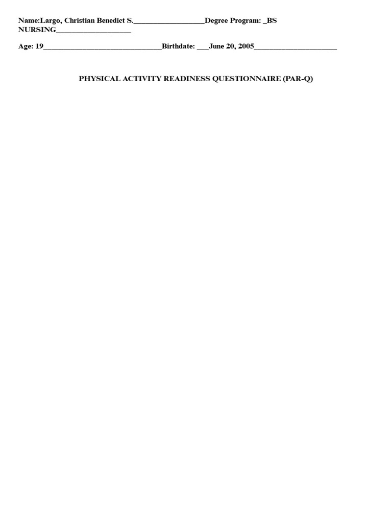 PAR-Q Assessment for Nursing Student | PDF | Cardiovascular Diseases ...