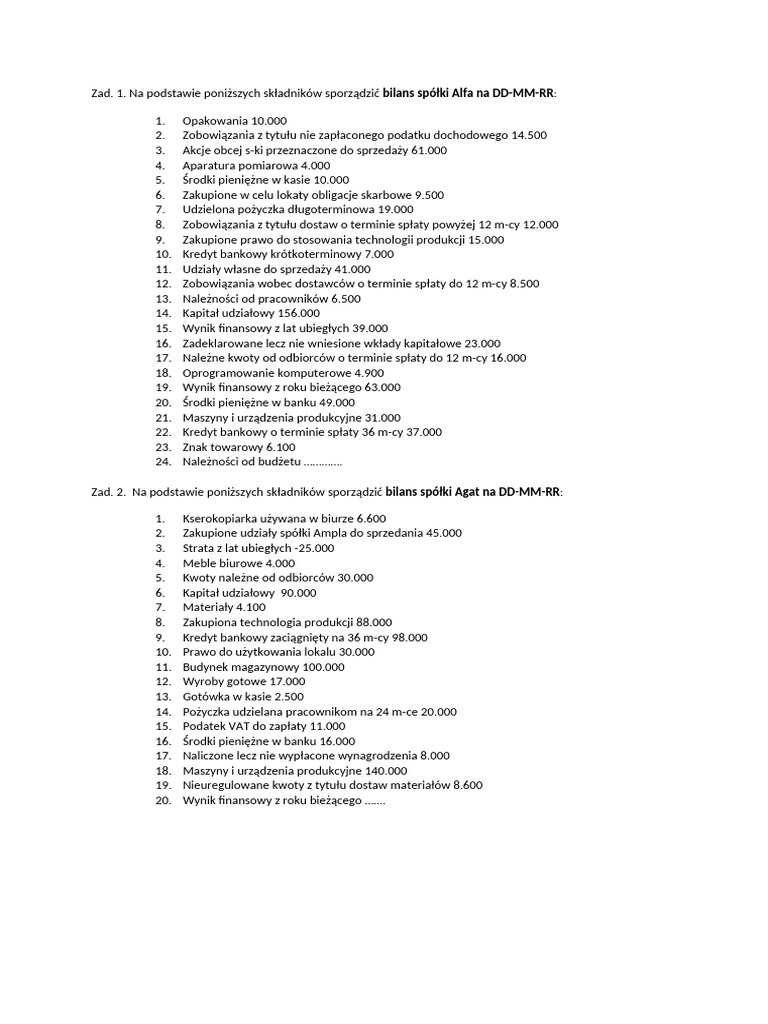 Bilans - Zad. - 1, 2, 6 | PDF