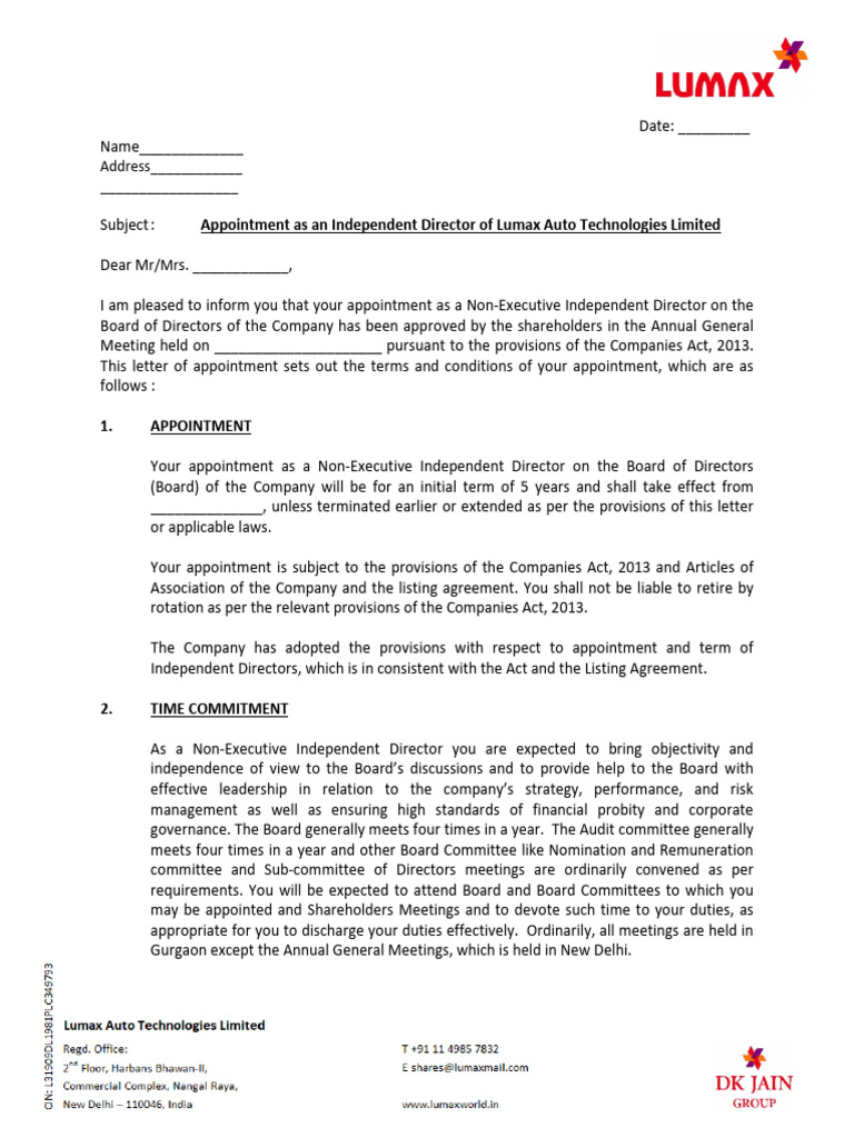 letter-of-appointment | PDF | Audit Committee | Audit