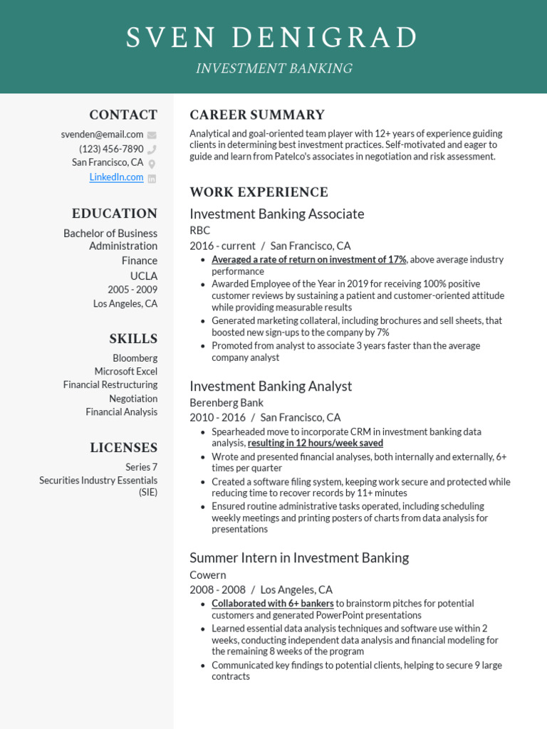Investment Banking Resume Example | PDF | Investment Banking ...