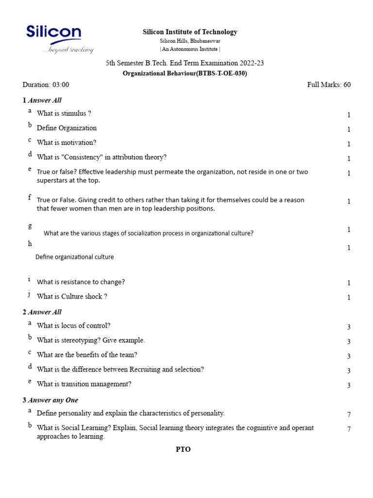 Organizational Behaviour (BTBS-T-OE-030) - End Term Exam - 2022-2023 | PDF | Change Management ...