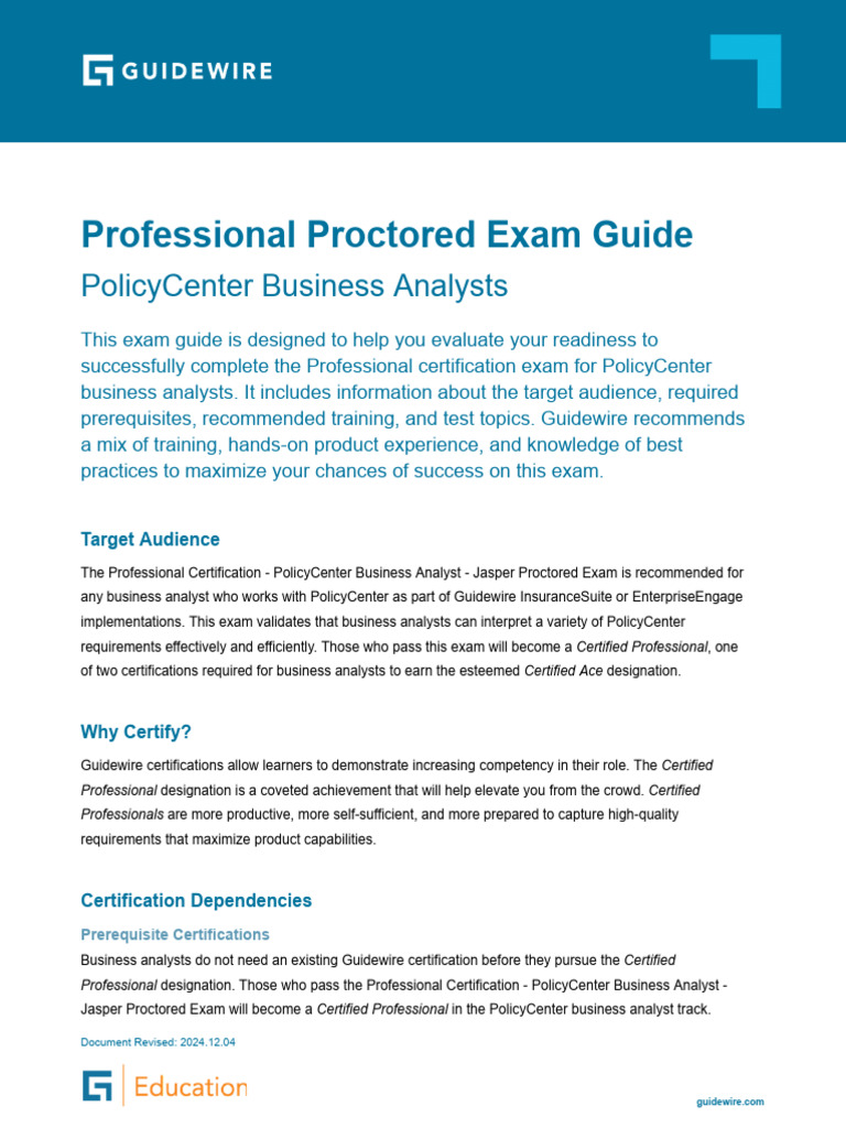 Exam Guide Professional PolicyCenter Business Analyst | PDF ...
