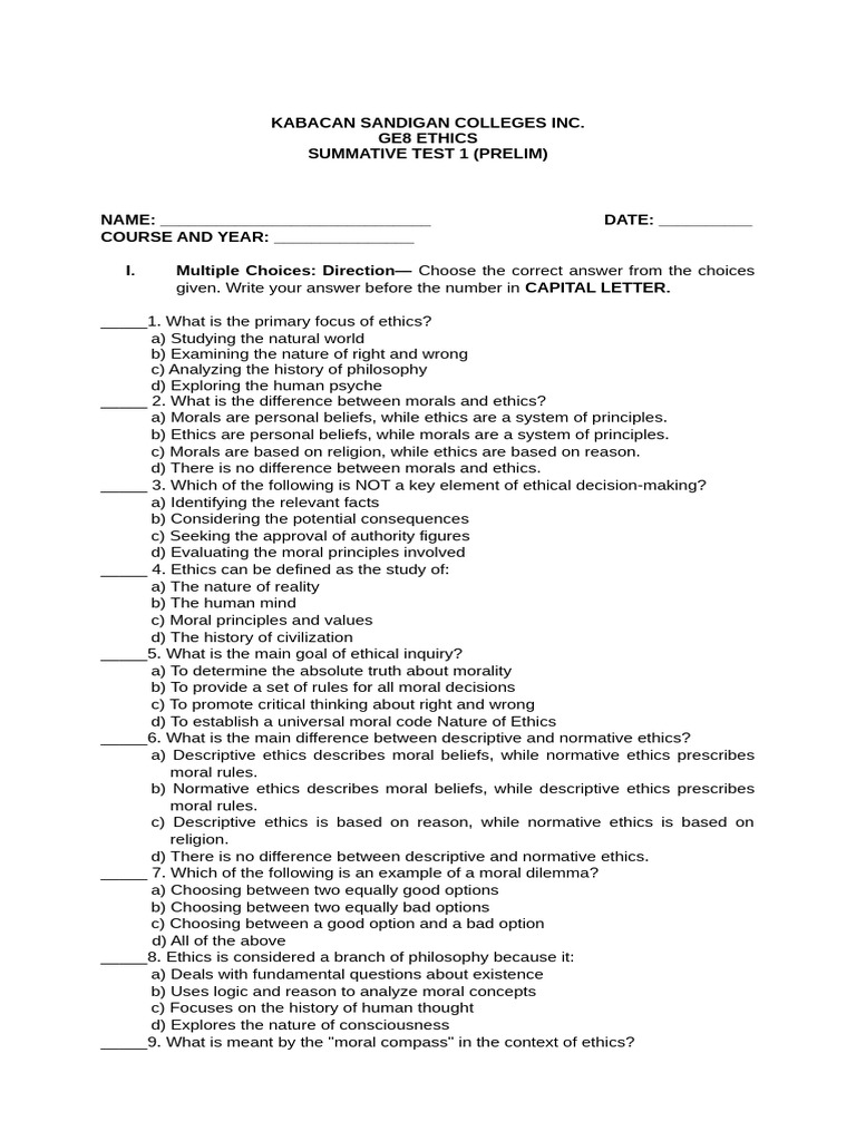 Ethics Summative Test Questions | PDF | Morality | Liberal Arts Education