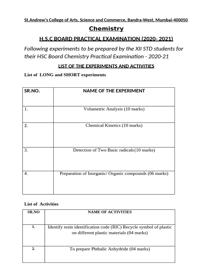 HSC Board Chemistry Practical Instructions to Candidates | PDF ...