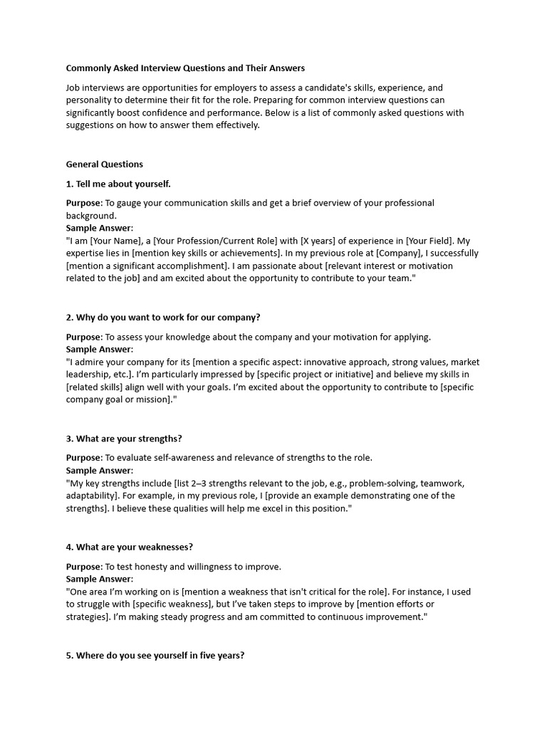 Commonly Asked Interview Questions and Their Answers | PDF | Skill ...
