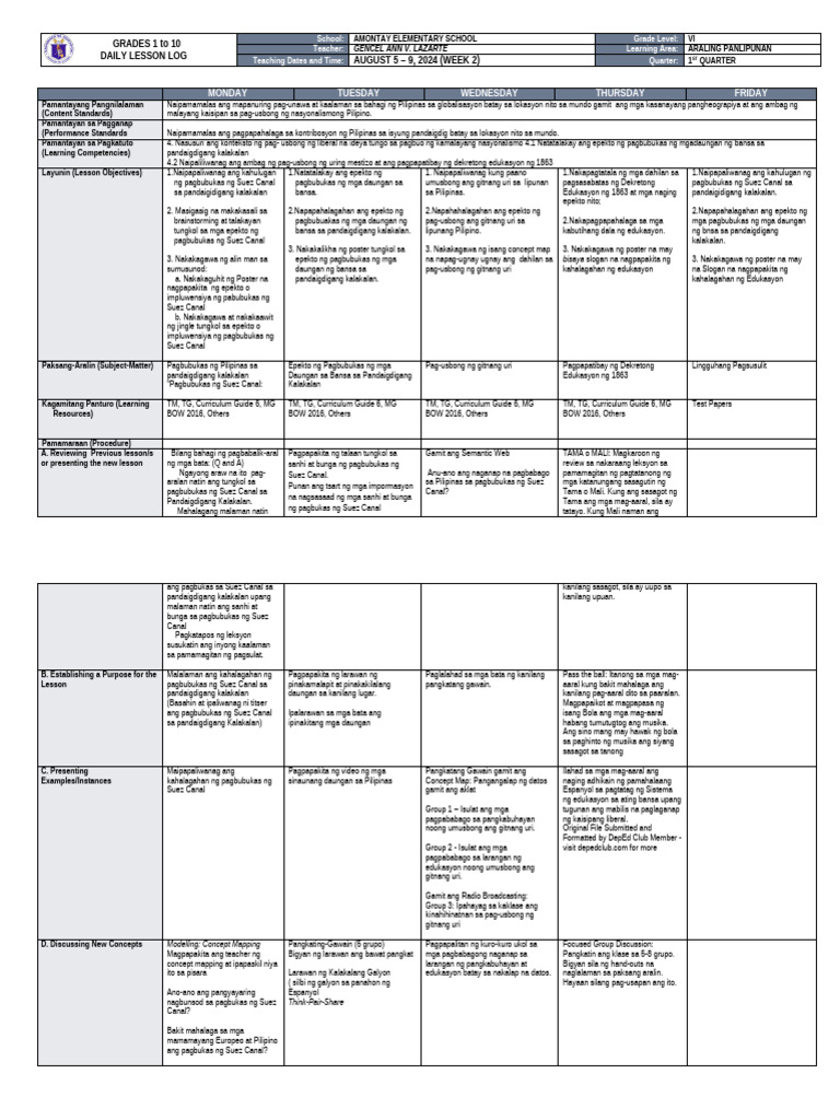 DLL - Araling Panlipunan 6 - Q1 - W2 | PDF