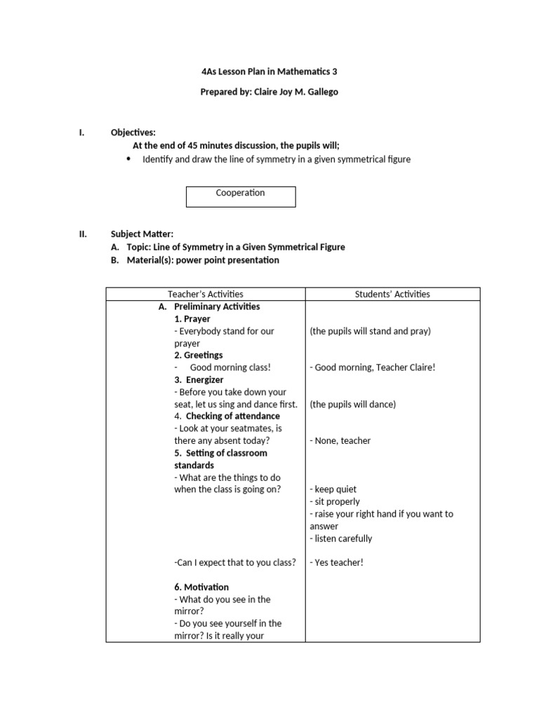 4As Lesson Plan: Line of Symmetry | PDF | Symmetry | Shape