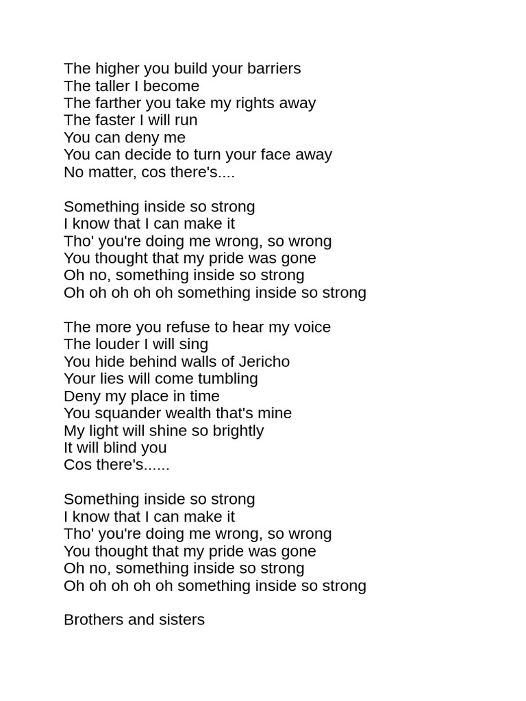 Something Inside So Strong Lyrics | PDF