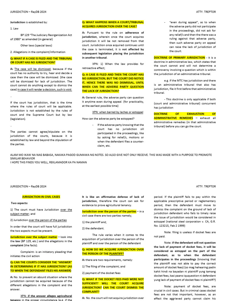 Jurisdiction Reviewer RDB (Midterms) | PDF | Lawsuit | Complaint