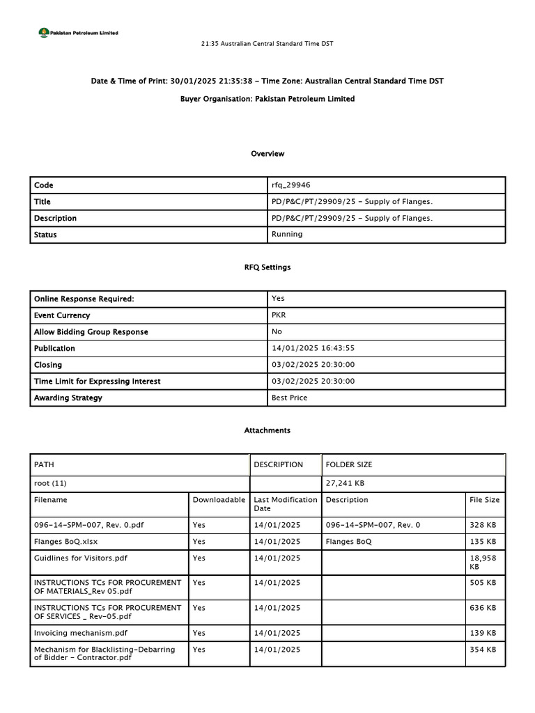 Publicsummary - RFQ 29946 | PDF | Pipe (Fluid Conveyance) | Specification (Technical Standard)