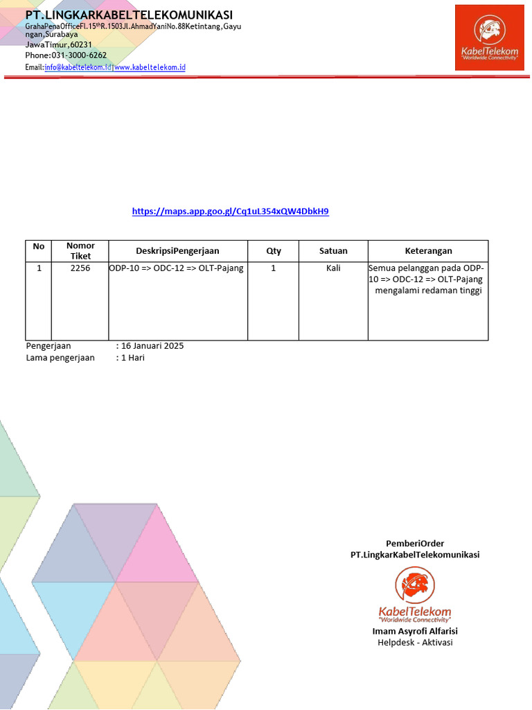 WO MT ODP-10 ODC-12 OLT-Pajang PT SEMESTA 16 Januari 2025 | PDF
