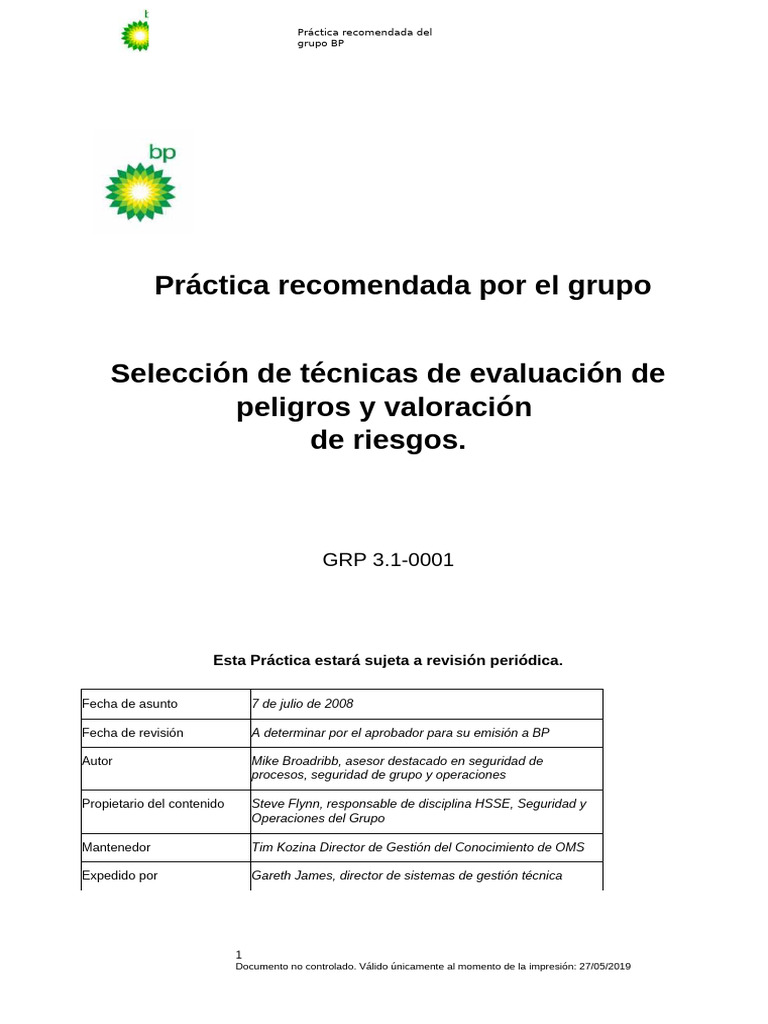 GRP3.10001 Selección de Técnicas de Evaluación de Peligros y Análisis de Riesgos | PDF ...