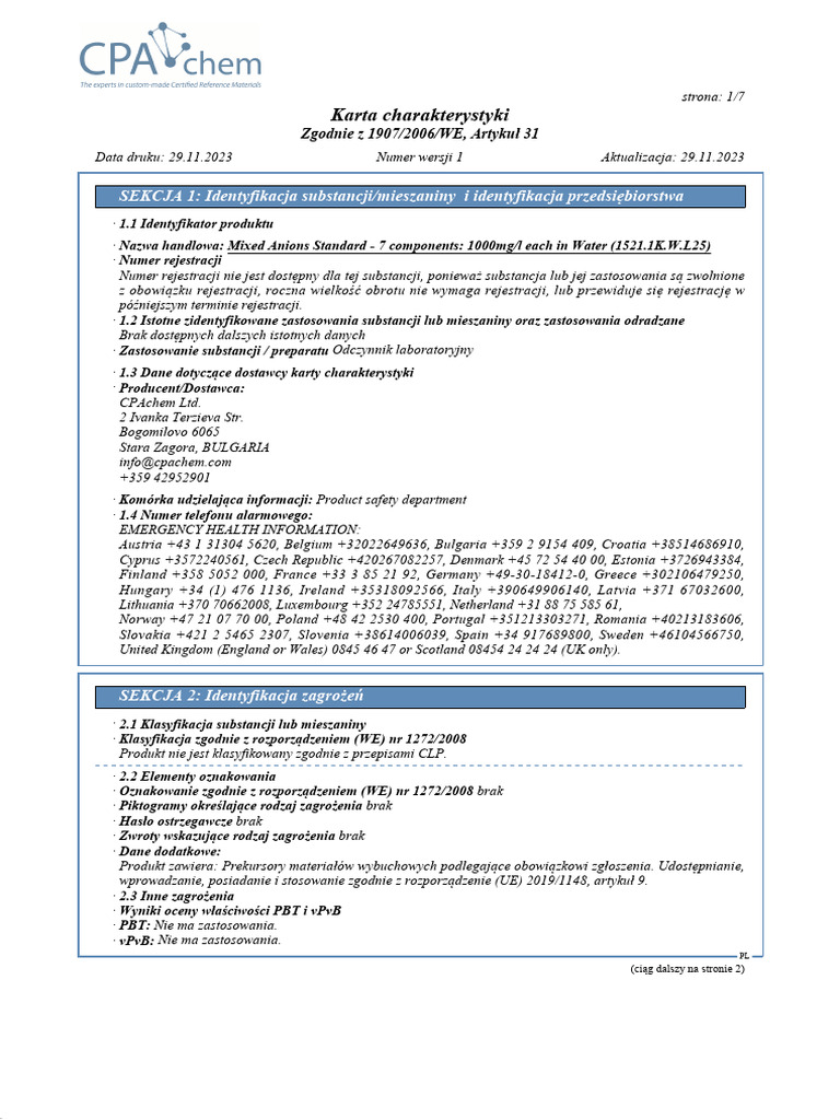 SD - Mixed Anions Standard - 7 Components 1000mg L Each in Water (1521 ...