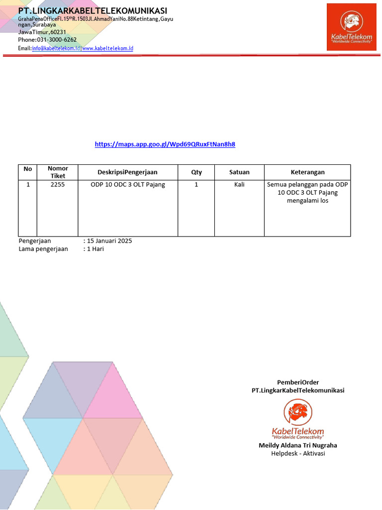 WO MT ODP-10 ODC-3 OLT-Pajang PT SEMESTA 15 Januari 2025 | PDF