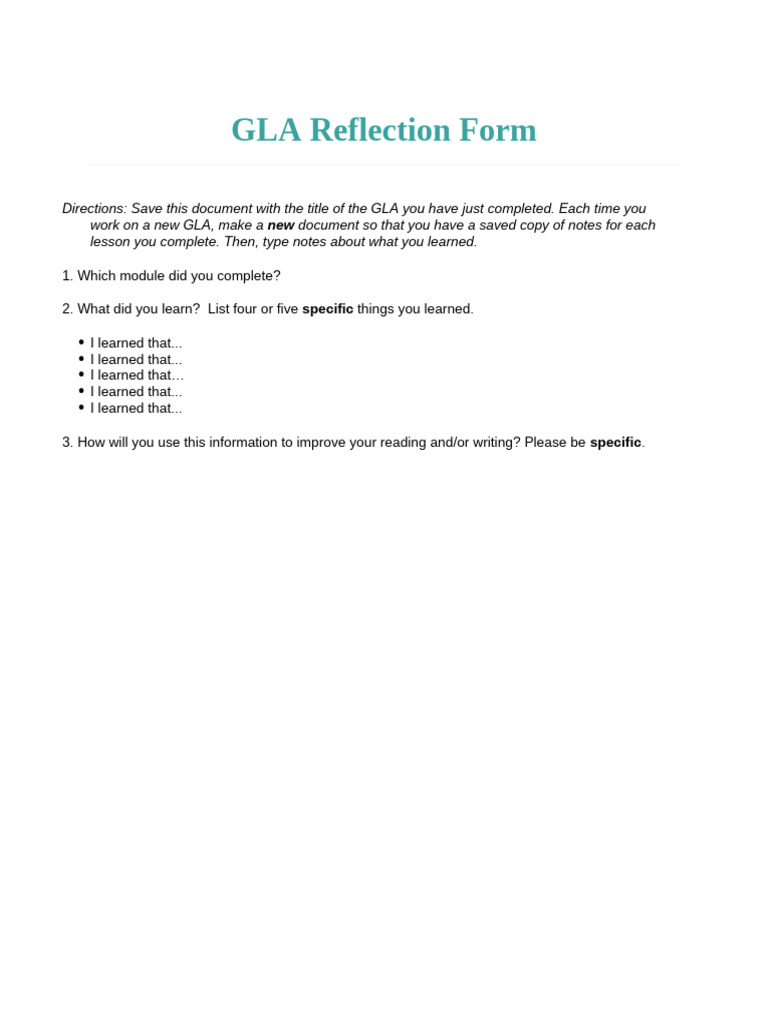 GLA Reflection Form Template | PDF