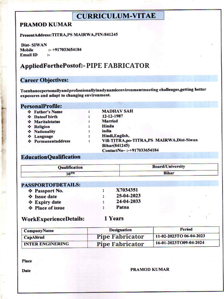 Pramod Kumar Pipe Fabricator | PDF