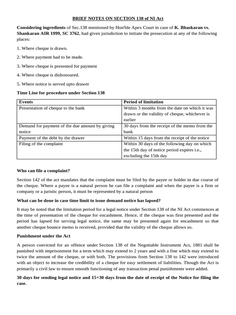 Section 138 NI Act: Timelines & Punishments | PDF | Cheque | Common Law