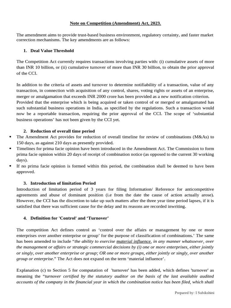 Competition Act 2023 Amendments Overview | PDF | Mergers And ...