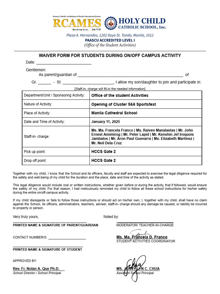 Openining of Cluster 56 Sportsfest Waiver Form On Off Campus | PDF