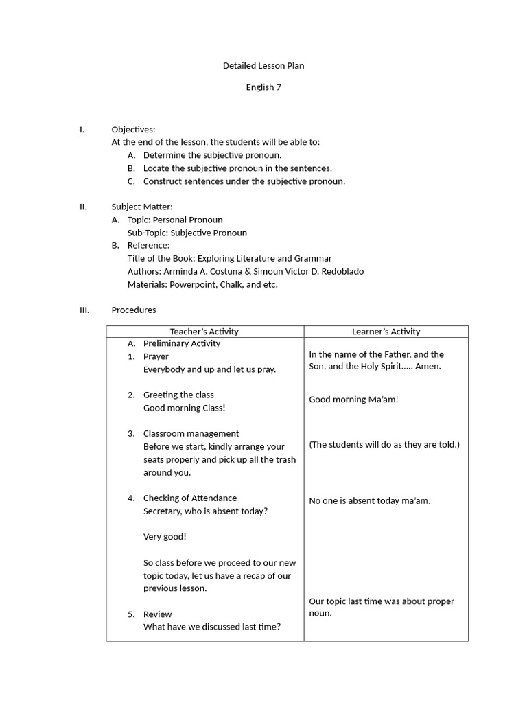 Subjective Pronouns Lesson Plan | PDF | Verb | Pronoun