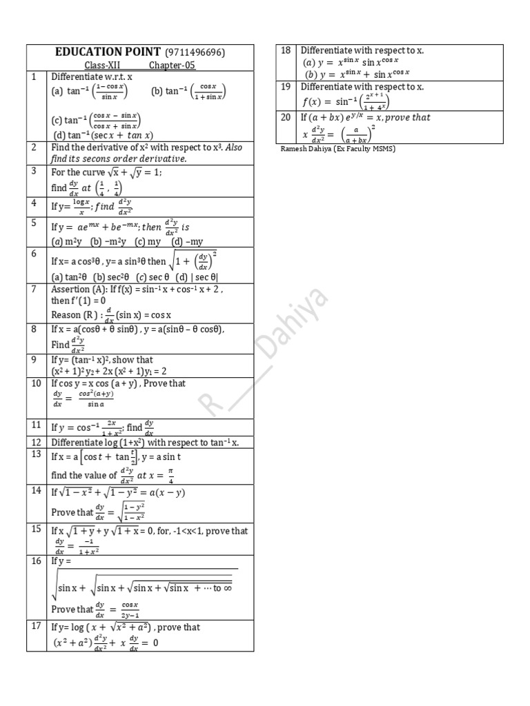 Calculus Derivatives Exercises for Class XII | PDF