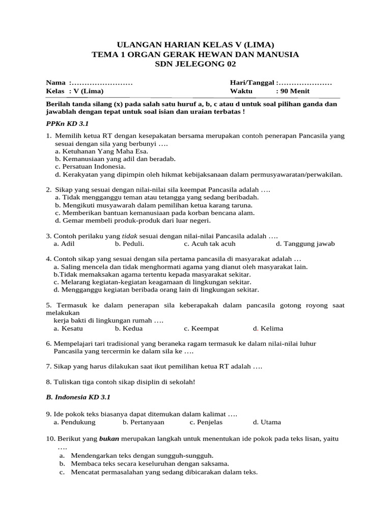 Ulangan Harian Tema 1 Kls | PDF
