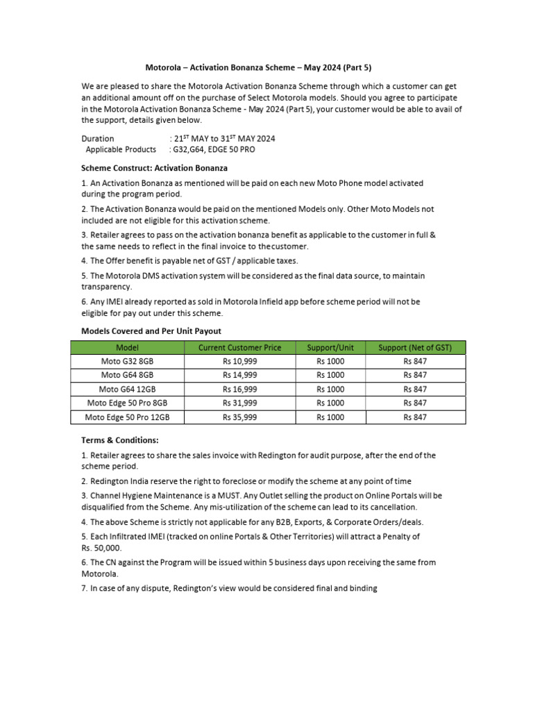 Motorola - Activation Bonanza Scheme - May 2024 (Part 5) | PDF | Value ...