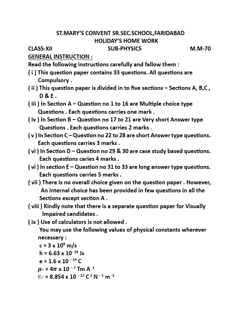 Class XII Physics Holiday Homework | PDF | Capacitance | Magnetic Field