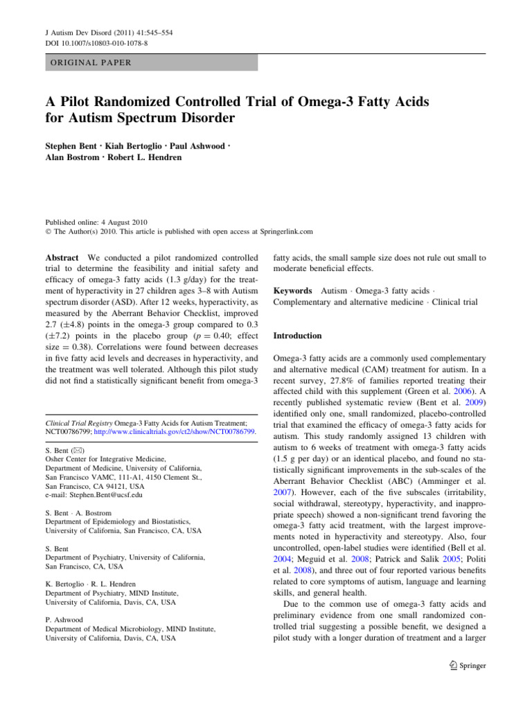 A Pilot Randomized Controlled Trial of Omega-3 Fatty Acids For Autism ...