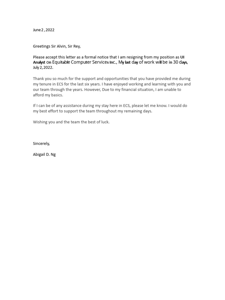Resignation Letter from UI Analyst | PDF