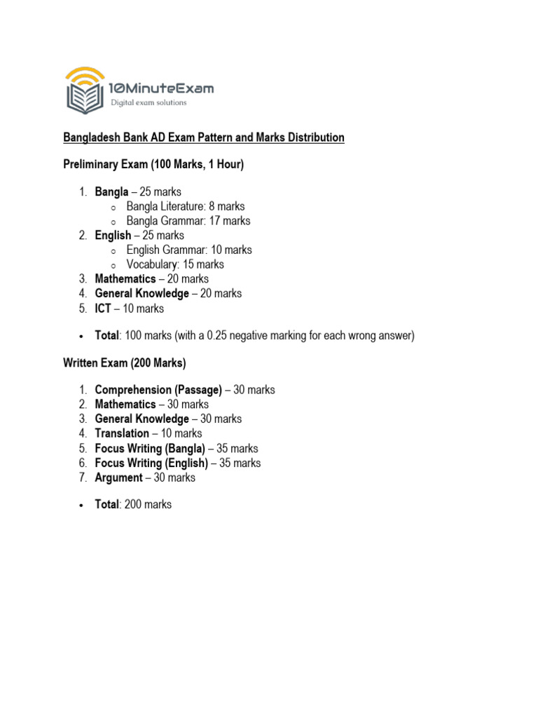 Bangladesh Bank AD Exam Pattern and Marks Distribution | PDF