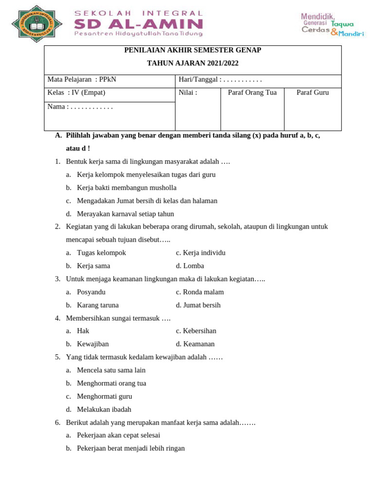 contoh soal PAS PPKN KELAS 4 | PDF