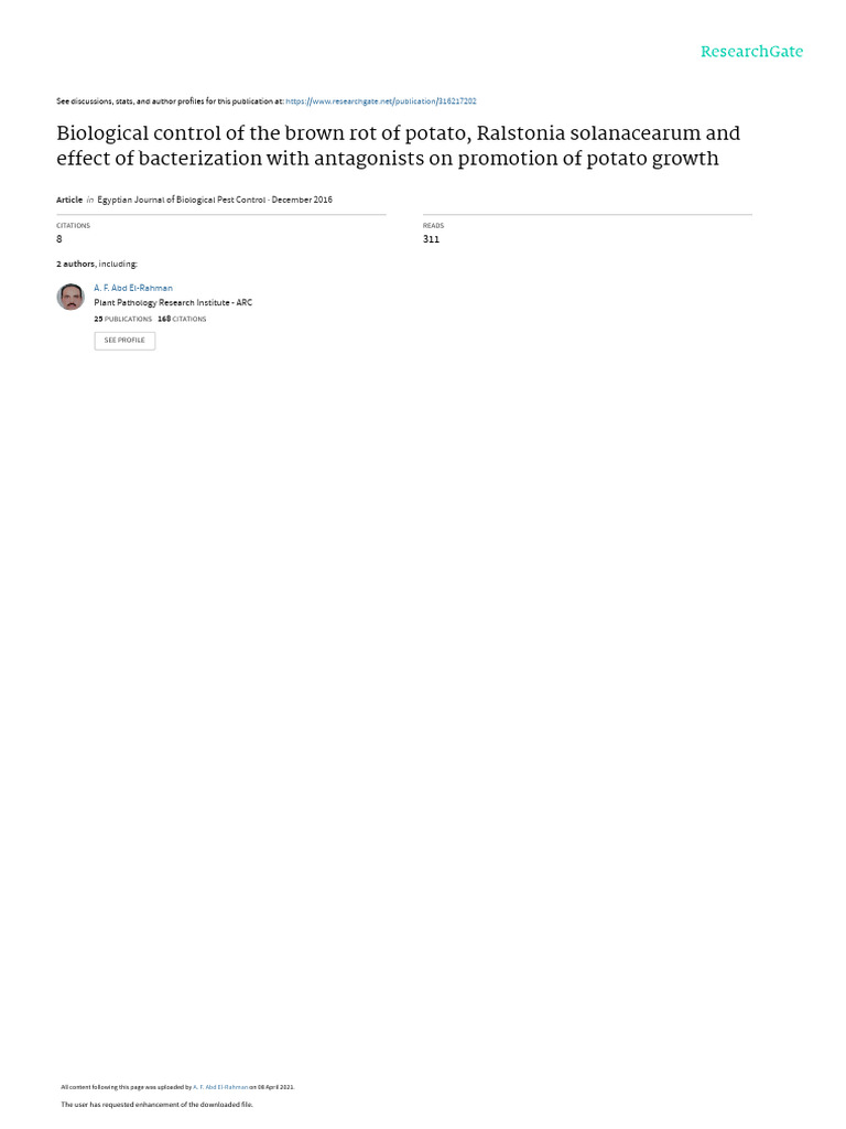 Biological Control of The Brown Rot of Potato, Ralstonia Solanacearum ...