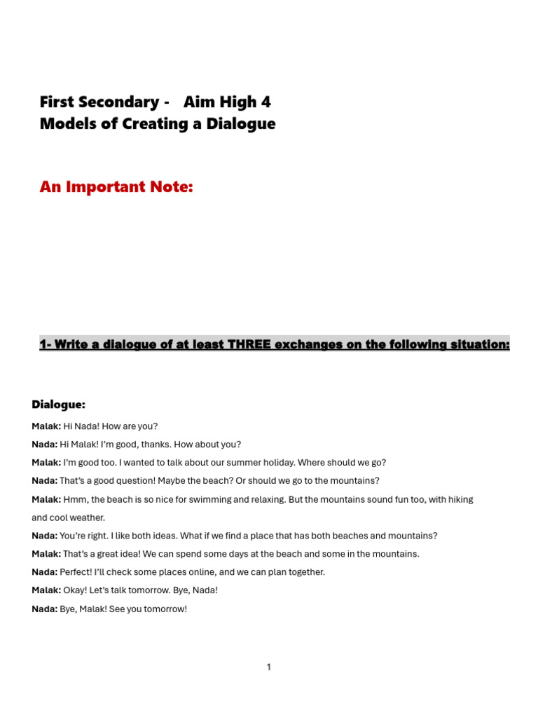 First Secondary - Aim High 4 - Dialogue Question Models | PDF