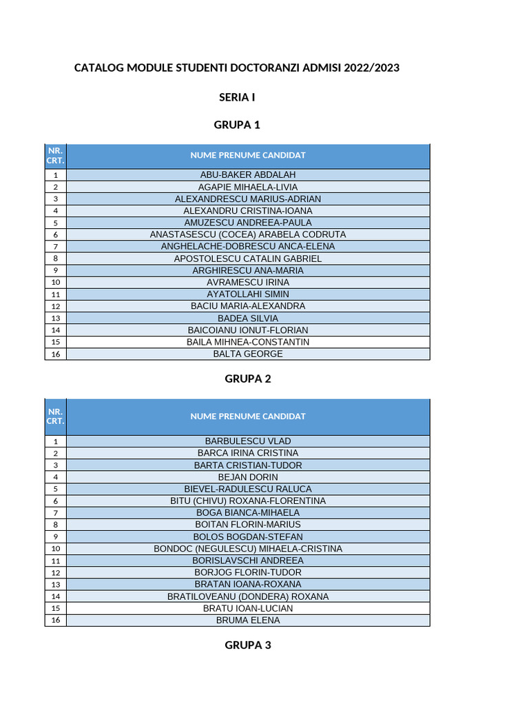 Catalog. Module Studenti Doctoranzi Admisi 2022-2023 Seria I | PDF