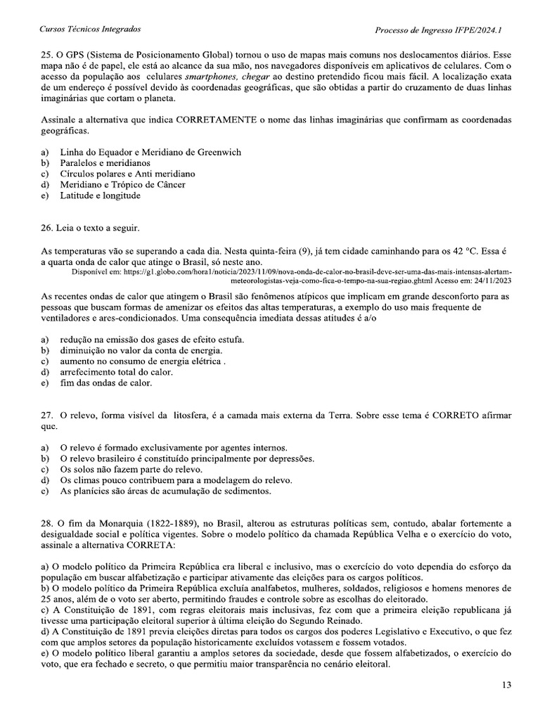 Caderno de Provas - Cursos Tecnicos Integrados 2024-09-12 | PDF