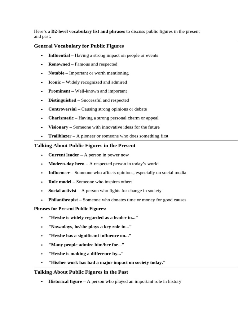 B2 Vocabulary for Discussing Public Figures | PDF