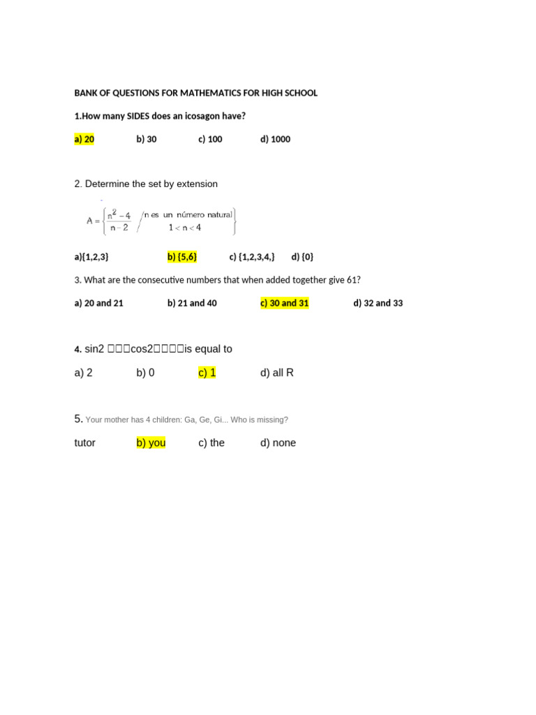 High School Math Question Bank | PDF