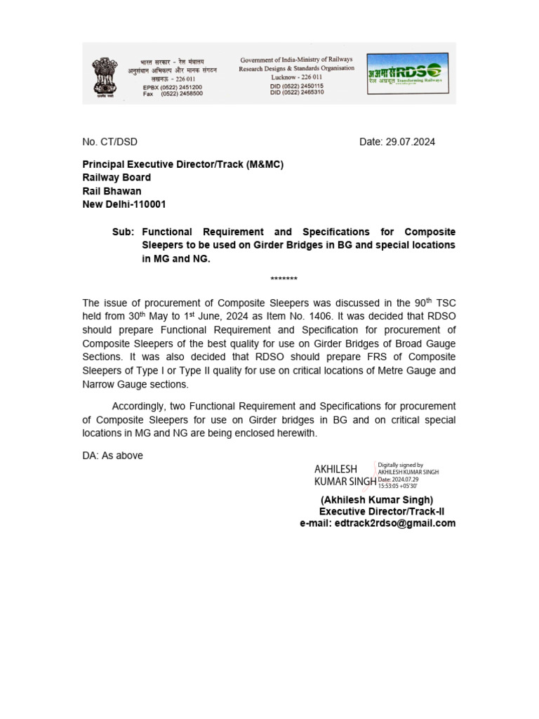 RDSO Letter No CT - DSD DT 29072024 | PDF