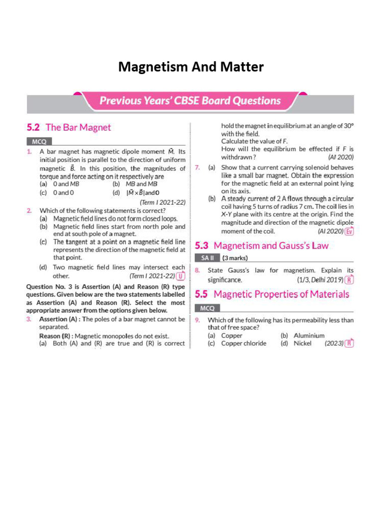 Magnetism and Matter PYQ | PDF